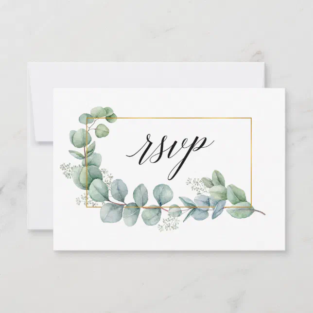 Calligraphy Eucalyptus Greenery Gold Frame Wedding RSVP Card | Zazzle