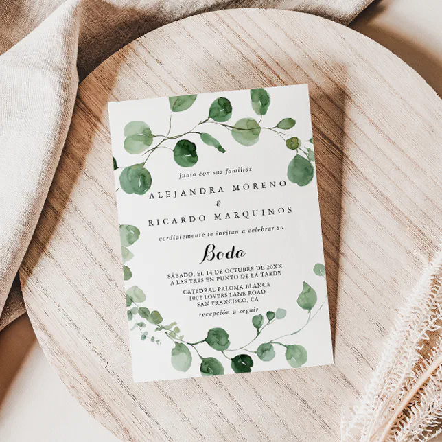 Calligraphy Eucalyptus Spanish Wedding Invitation | Zazzle