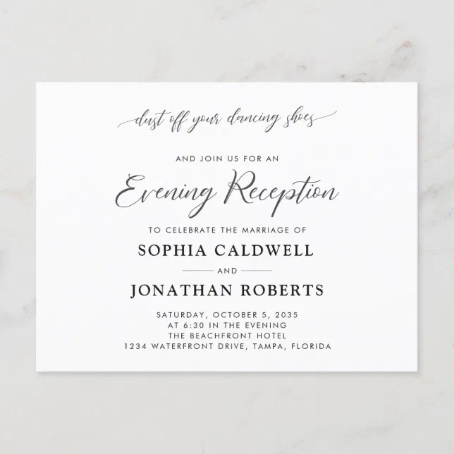 Calligraphy Evening Wedding Reception Invitation Postcard | Zazzle