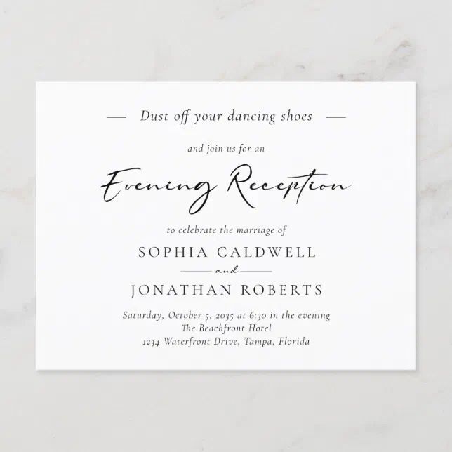 Calligraphy Evening Wedding Reception Invitation Postcard | Zazzle