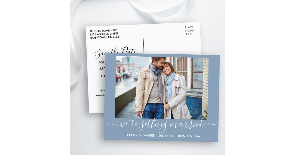 Calligraphy Getting Married Blue Save The Date Postcard | Zazzle
