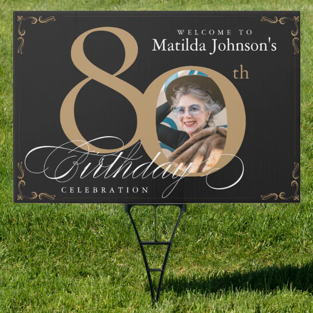 Calligraphy Gold Black Elegant Photo 80th Birthday Sign | Zazzle