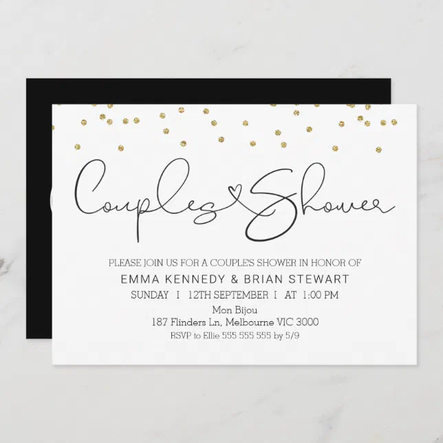 Calligraphy gold dots couples shower invitation | Zazzle