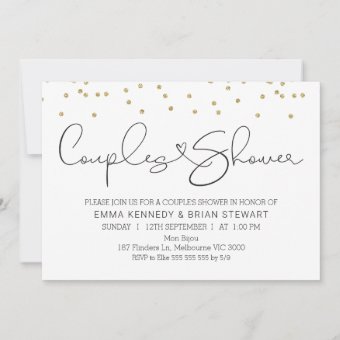 Calligraphy gold dots couples shower invitation | Zazzle