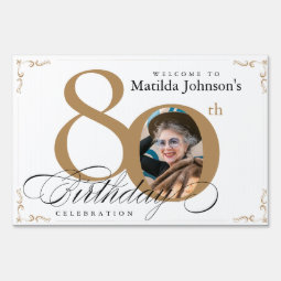 Calligraphy Gold White Elegant Photo 80th Birthday Sign | Zazzle