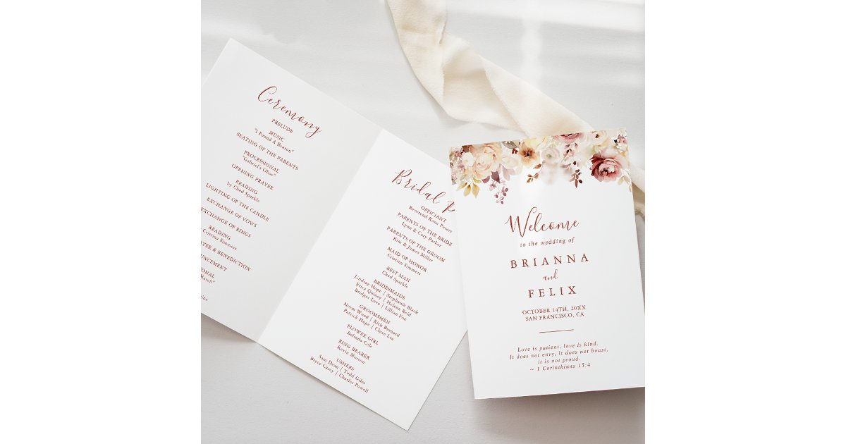 Calligraphy Graceful Floral Folded Wedding Program | Zazzle