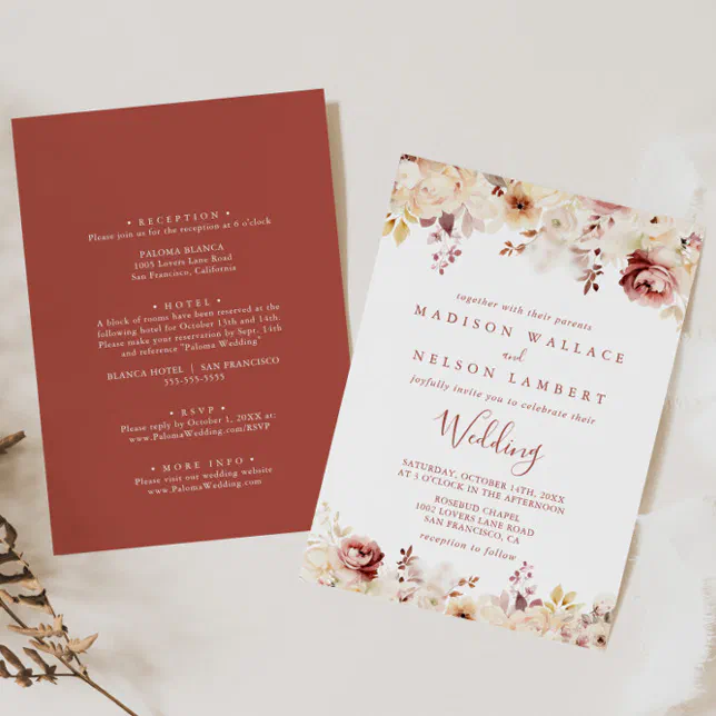 Calligraphy Graceful Floral Front & Back Wedding Invitation | Zazzle