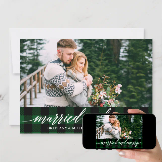 Calligraphy Green Plaid Married and Merry Wedding Holiday Card | Zazzle