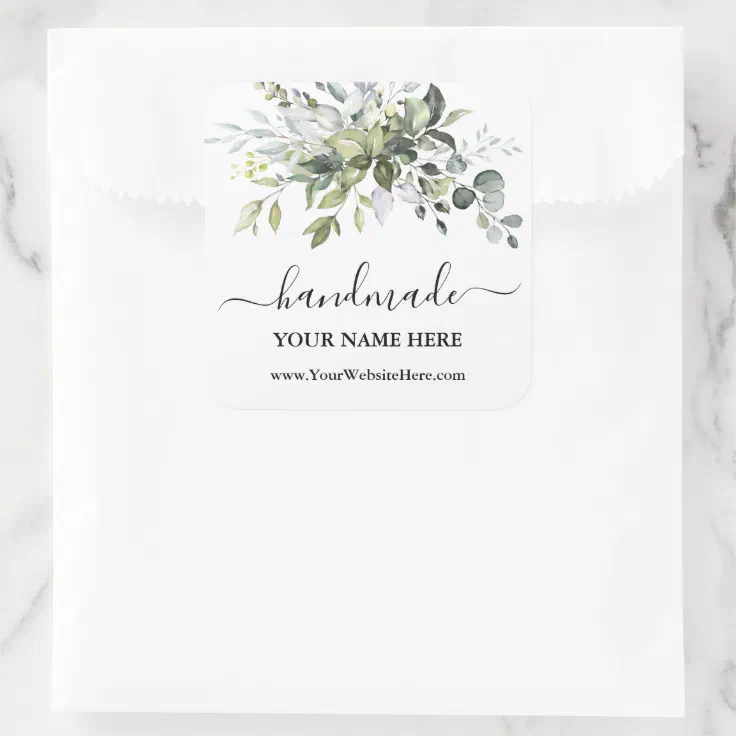 Calligraphy Handmade Watercolor Greenery Square Sticker | Zazzle