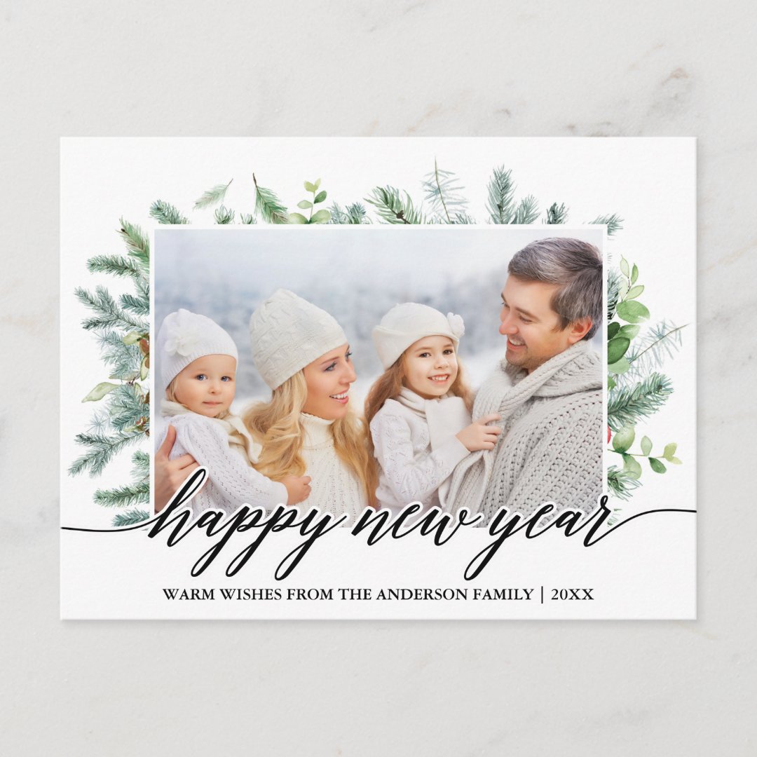 Calligraphy Happy New Year Pine Greenery Photo Postcard | Zazzle