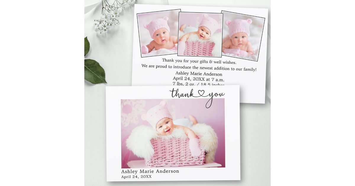 Calligraphy Heart New Baby 4 Photo Thank You Card | Zazzle