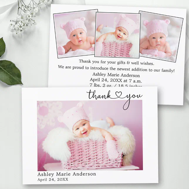 Calligraphy Heart New Baby 4 Photo Thank You Card | Zazzle