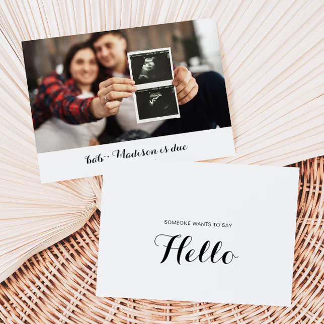 Calligraphy Hello Photo Baby Announcement Card | Zazzle