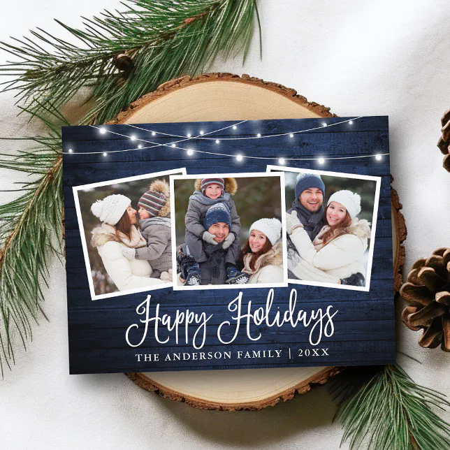 Calligraphy Holiday Blue Wood String Lights Photo Postcard | Zazzle