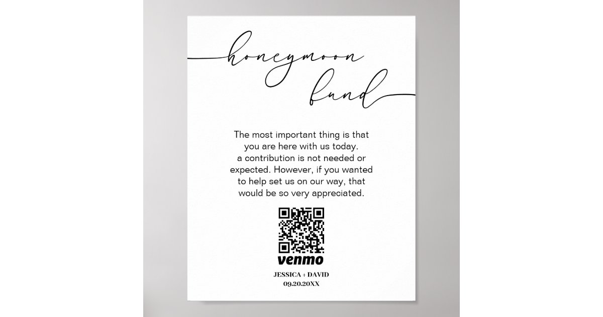 Calligraphy Honeymoon Fund QR Code Sign | Zazzle