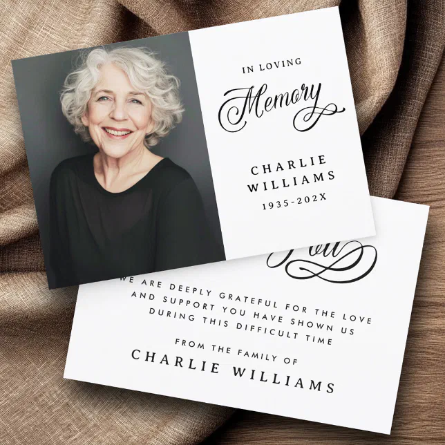 Calligraphy in loving memory funeral white photo thank you card | Zazzle