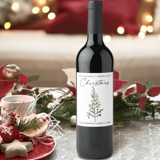 Calligraphy Ink Script Watercolor Christmas Tree Wine Label | Zazzle