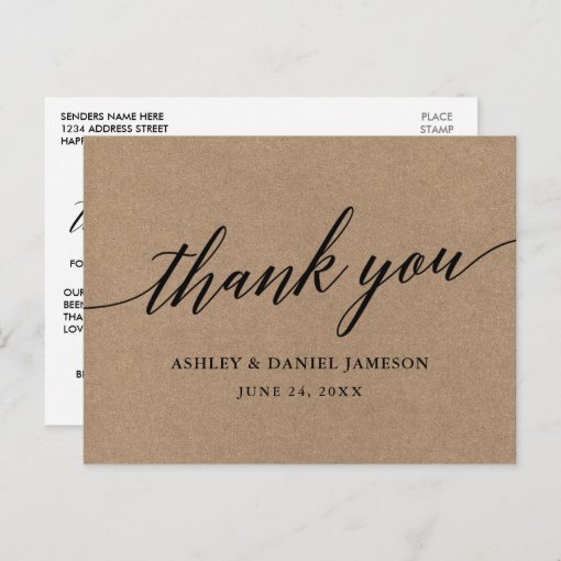 Calligraphy Kraft Wedding Thank You Postcard | Zazzle