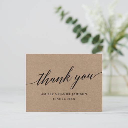Calligraphy Kraft Wedding Thank You Postcard | Zazzle