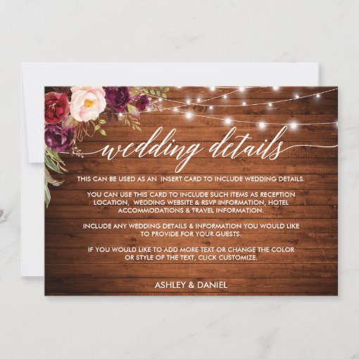 Calligraphy Lights Floral Wedding Details Card | Zazzle