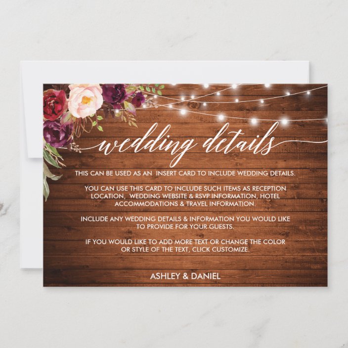 Calligraphy Lights Floral Wedding Details Card | Zazzle.com