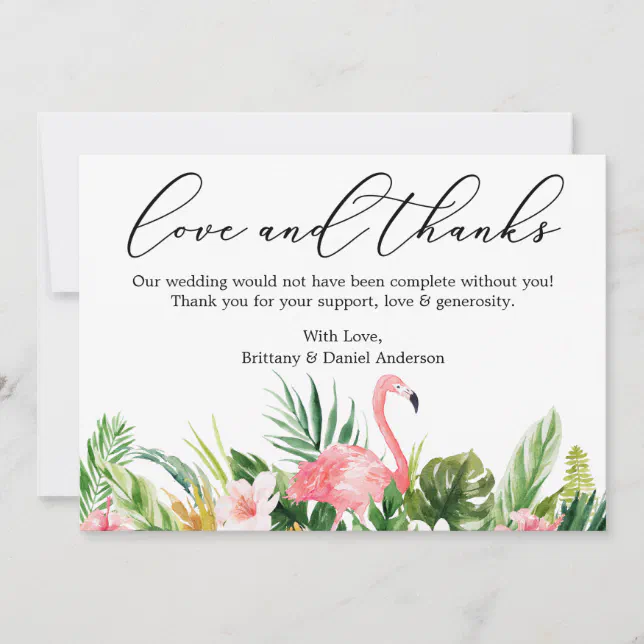 Calligraphy Love Thanks Tropical Pink Flamingo Thank You Card | Zazzle