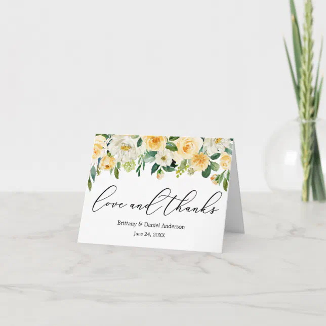 Calligraphy Love Thanks Yellow White Floral Note Thank You Card | Zazzle