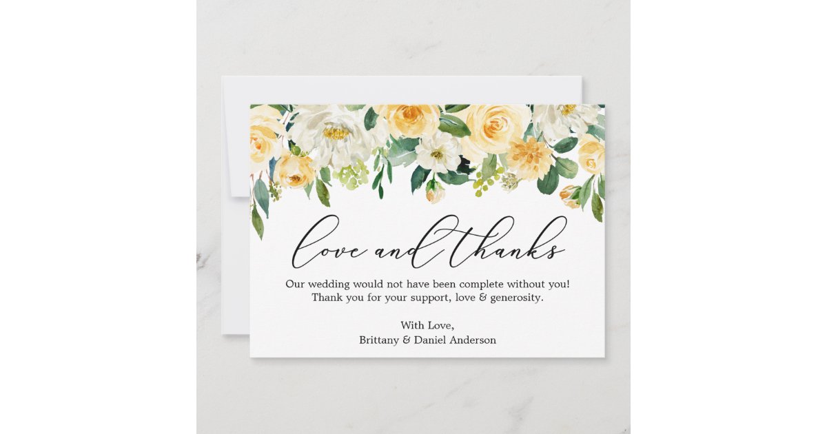 Calligraphy Love Thanks Yellow White Floral Thank You Card | Zazzle