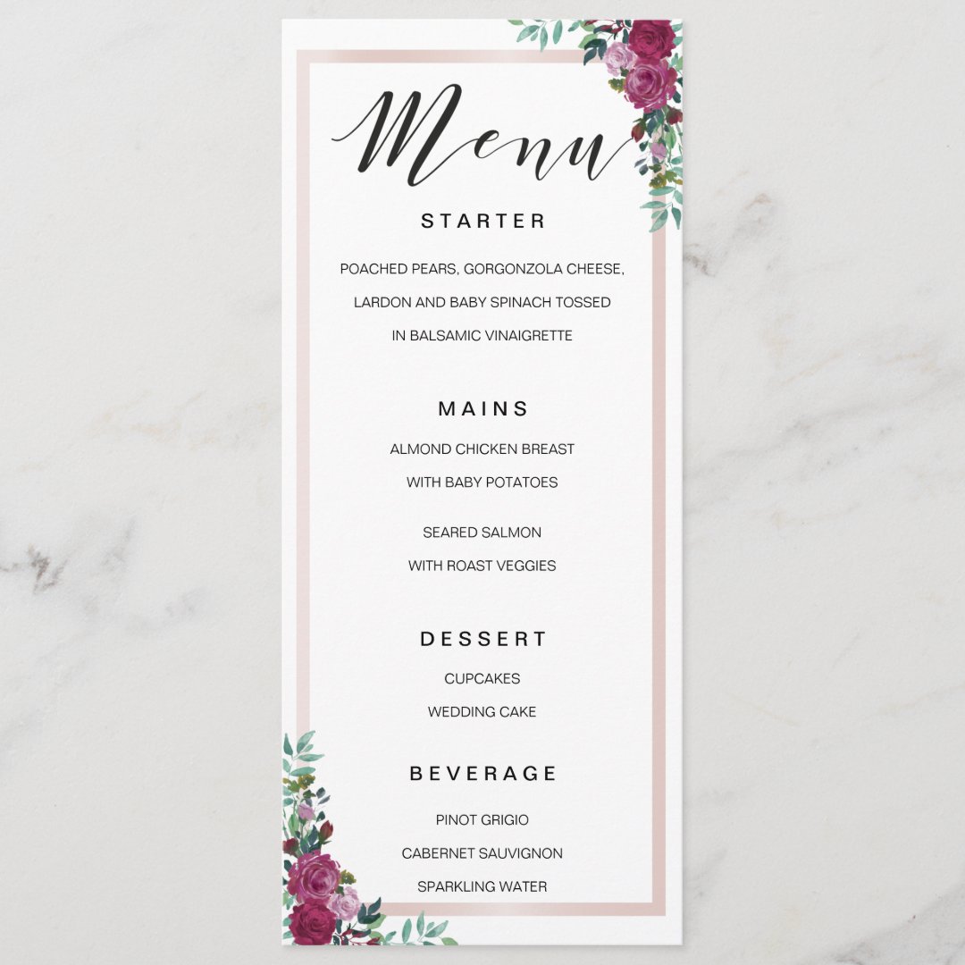 Calligraphy Menu watercolor floral frame template | Zazzle