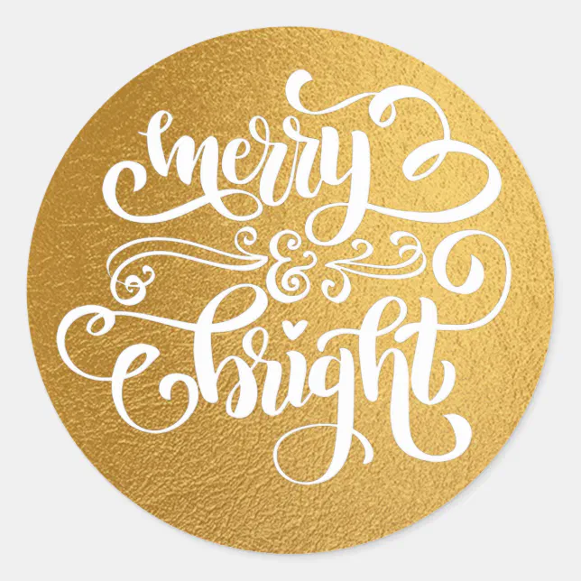 Calligraphy Merry & Bright Lux Gold Foil Classic Round Sticker | Zazzle