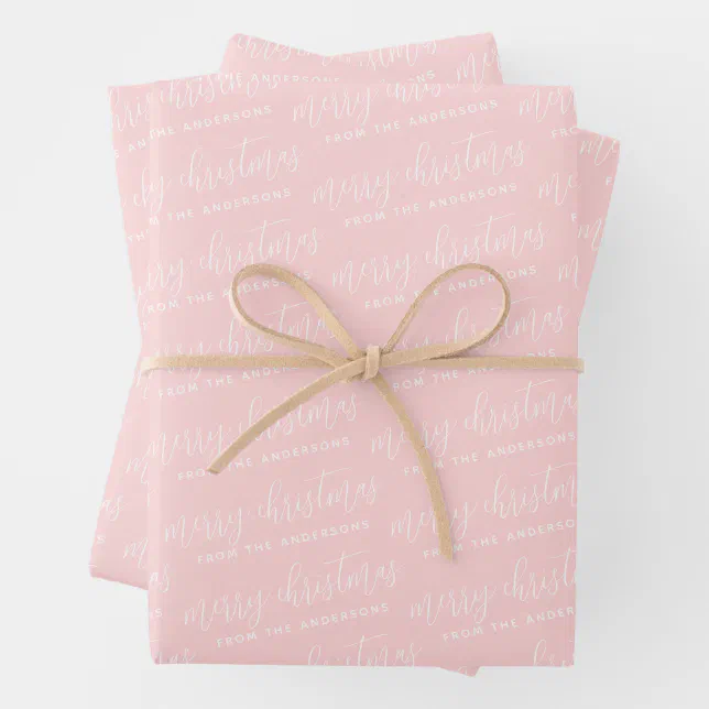 Calligraphy Merry Christmas Family Pastel Pink Wrapping Paper Sheets ...