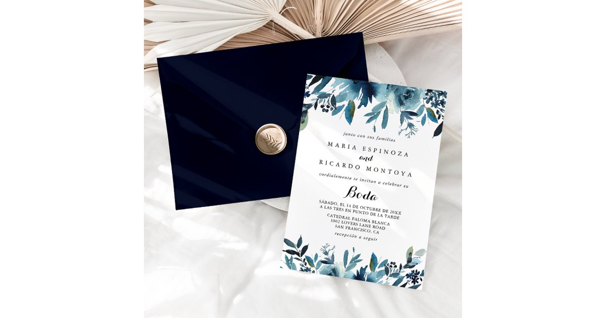 Calligraphy Minimalist Blue Floral Spanish Wedding Invitation | Zazzle