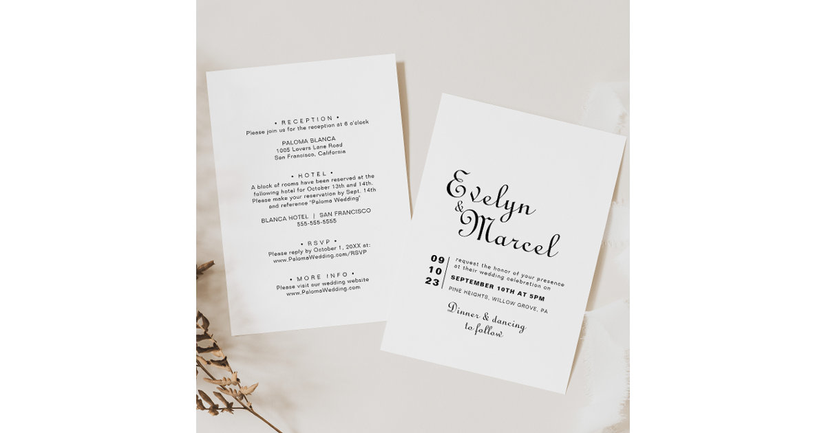Calligraphy Minimalist Front and Back Wedding Invitation | Zazzle