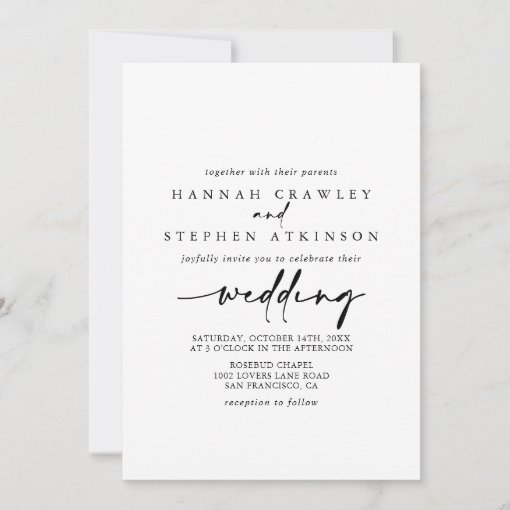 Calligraphy Modern Elegant Front & Back Wedding Invitation | Zazzle