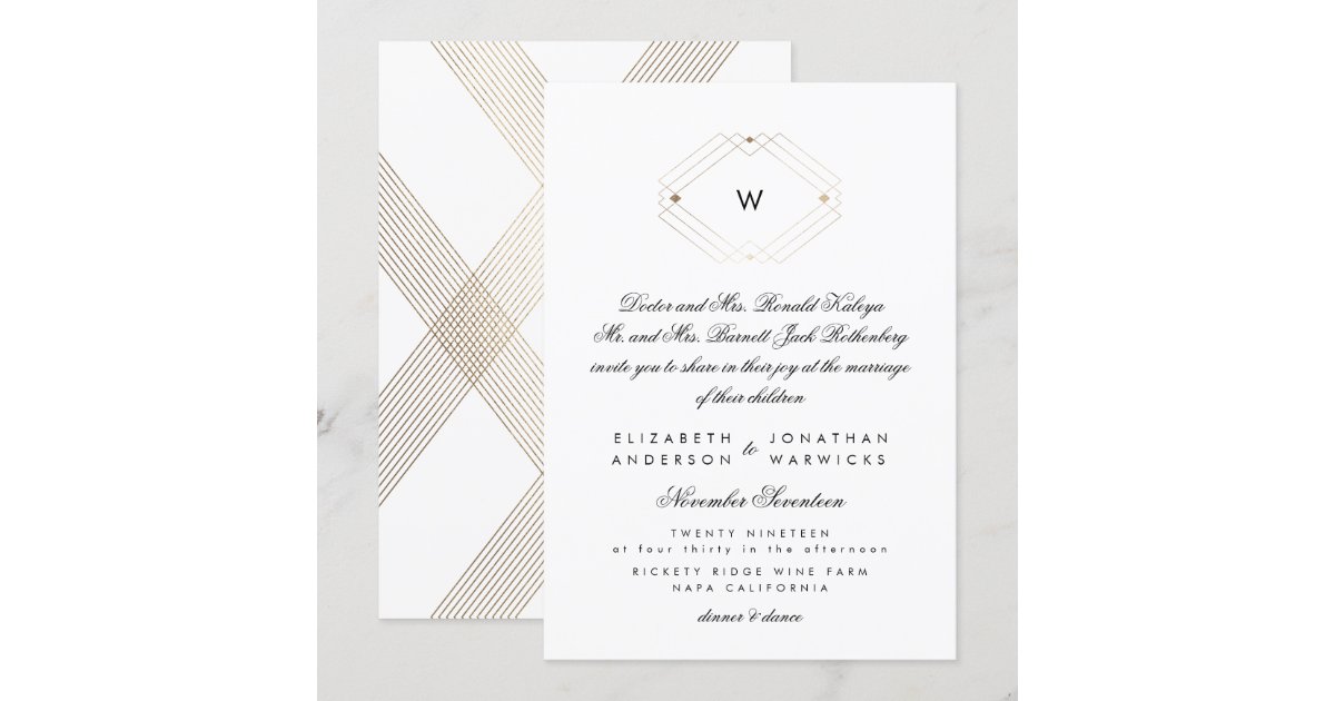 Calligraphy Mondern Monogram Gold Deco Wedding Invitation | Zazzle