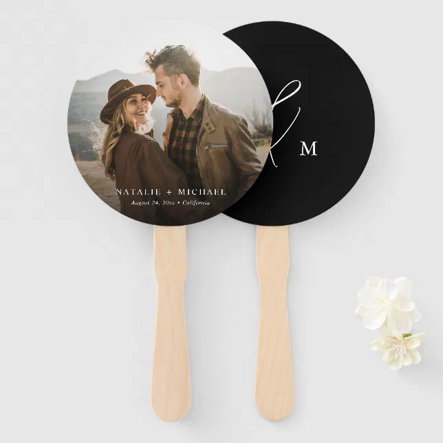 Calligraphy Monogram Bride Groom Photo Wedding Hand Fan | Zazzle