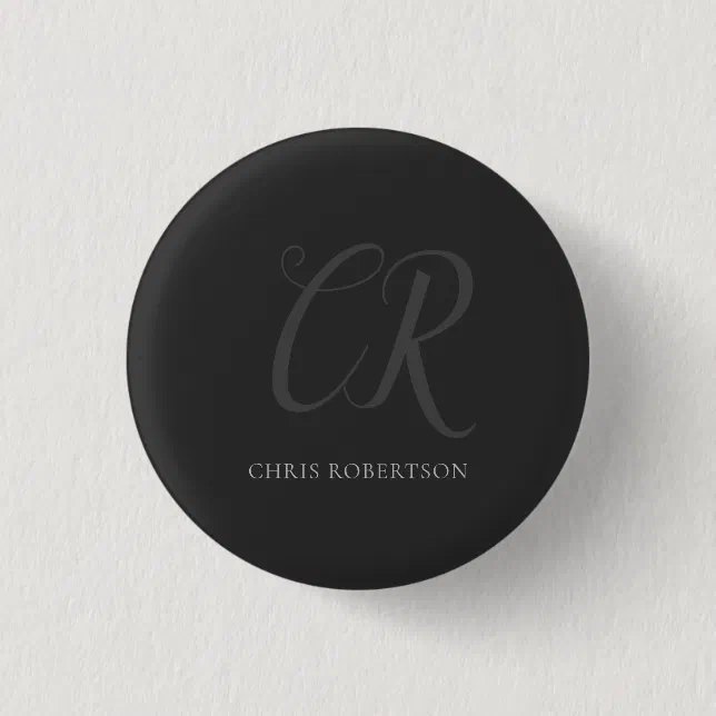 Calligraphy Monogram Name Black Grey Custom Gift Button | Zazzle