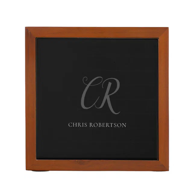 Calligraphy Monogram Name Black Grey Custom Gift Desk Organizer | Zazzle