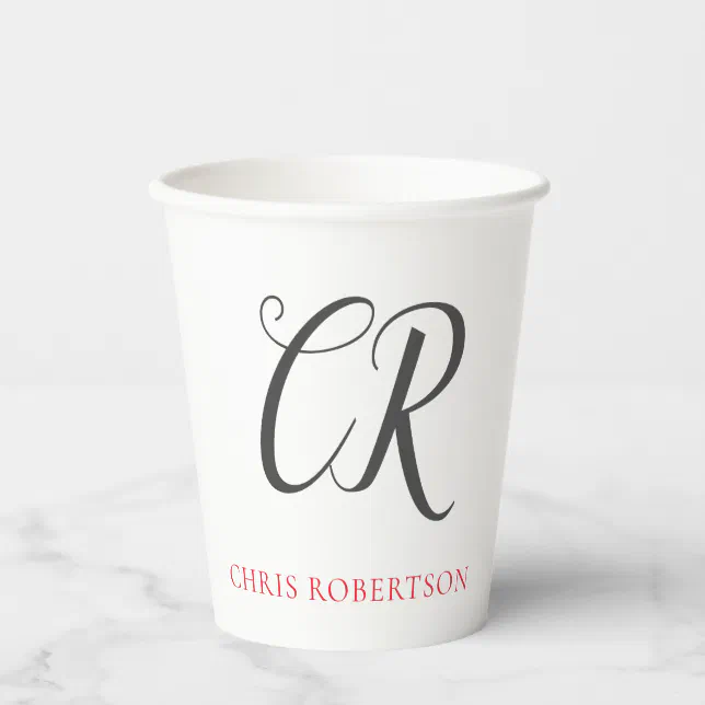 Calligraphy Monogram Name Black Grey Custom Gift Paper Cups | Zazzle