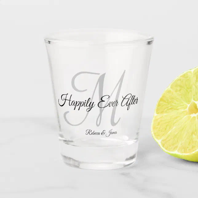 Calligraphy Monogrammed Happily Ever After Party Shot Glass | Zazzle