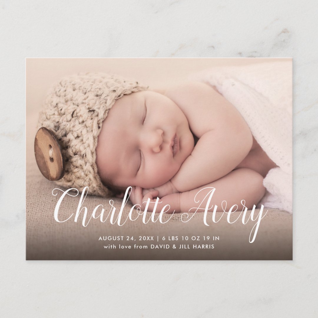 Calligraphy Name Birth Announcement Postcard | Zazzle