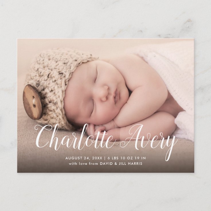 Calligraphy Name Birth Announcement Postcard | Zazzle