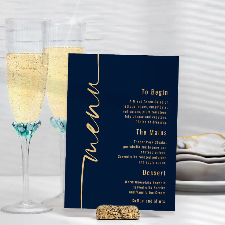 Calligraphy Navy Blue Gold Wedding Menu Poster | Zazzle