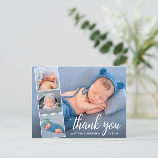 Calligraphy New Baby 4 Photo Collage Thank You Postcard | Zazzle