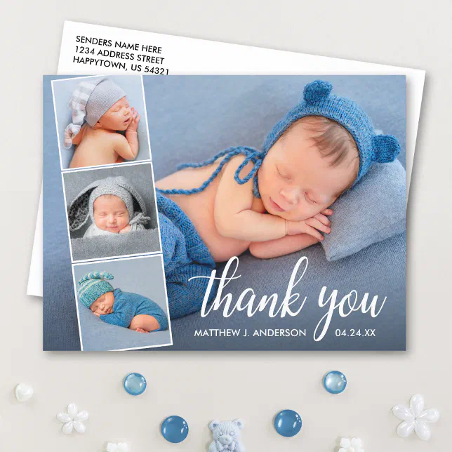 Calligraphy New Baby 4 Photo Collage Thank You Postcard | Zazzle