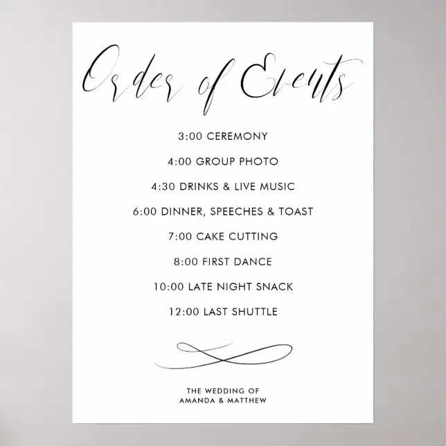 Calligraphy Order of Events Wedding Timeline Poster | Zazzle