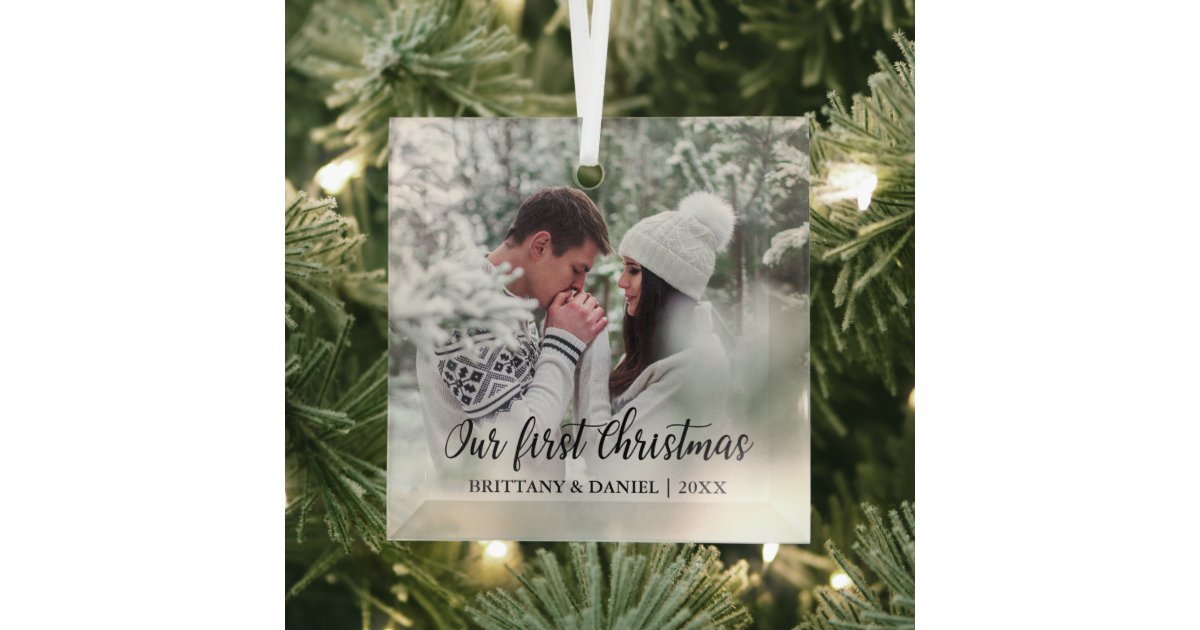 Calligraphy Our First Christmas Couple Photo Glass Ornament | Zazzle
