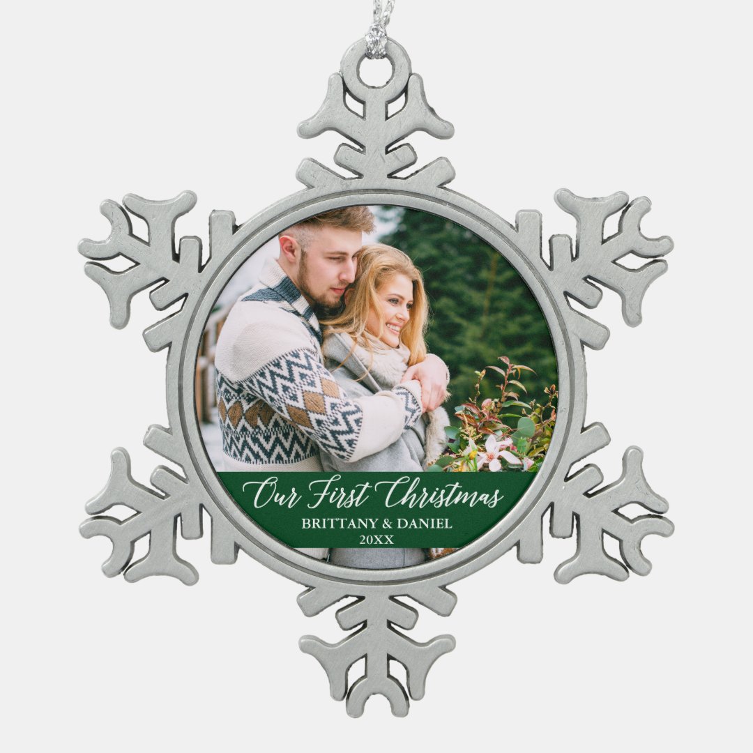 Calligraphy Our First Christmas Couple Photo Green Snowflake Pewter ...