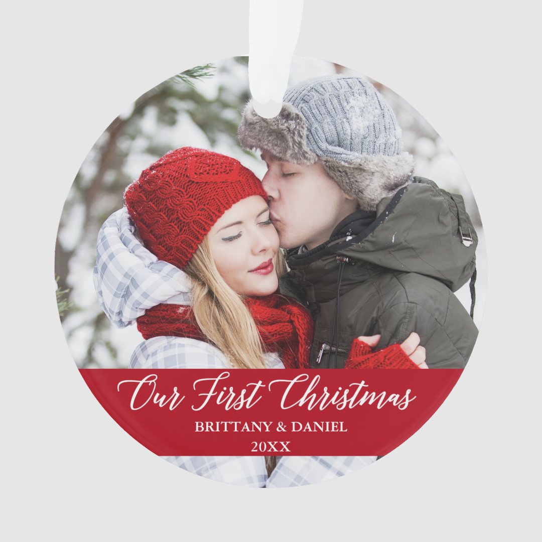 Calligraphy Our First Christmas Couple Photo Red Ornament | Zazzle