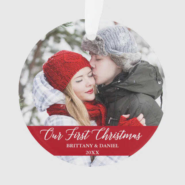 Calligraphy Our First Christmas Couple Photo Red Ornament | Zazzle
